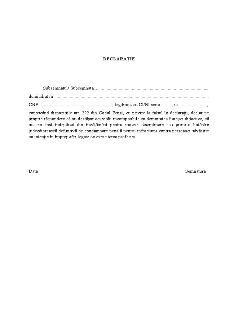 Model Declaratie Inscriere Concurs 2022 | PDF