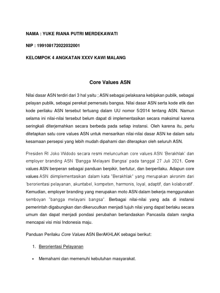 Core Values ASN | PDF | Pengembangan Diri