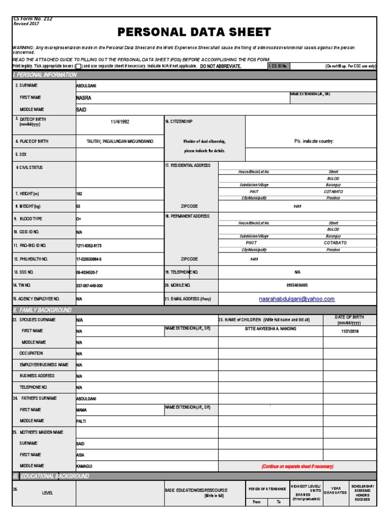 CS Form No. 212 Revised Personal Data Sheet - New | PDF | Government | Justice