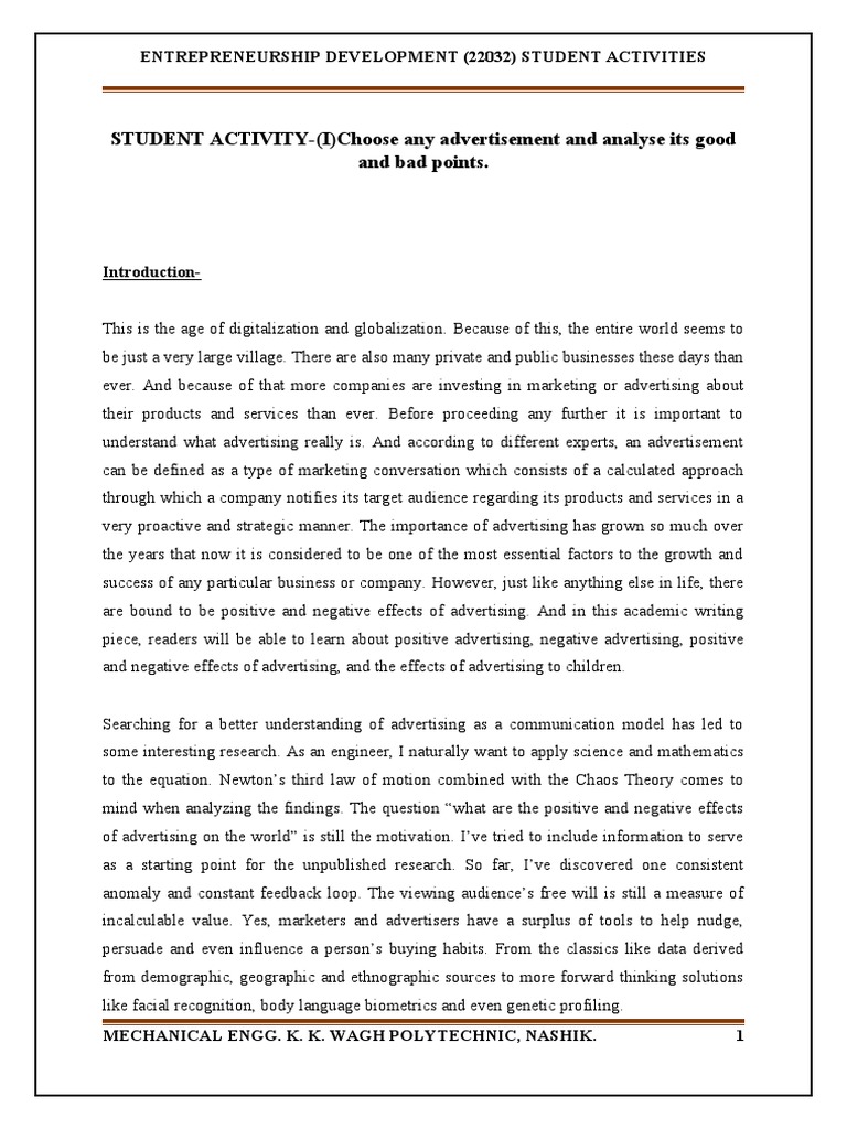 STUDENT ACTIVITY - (I) Choose Any Advertisement and Analyse Its Good ...