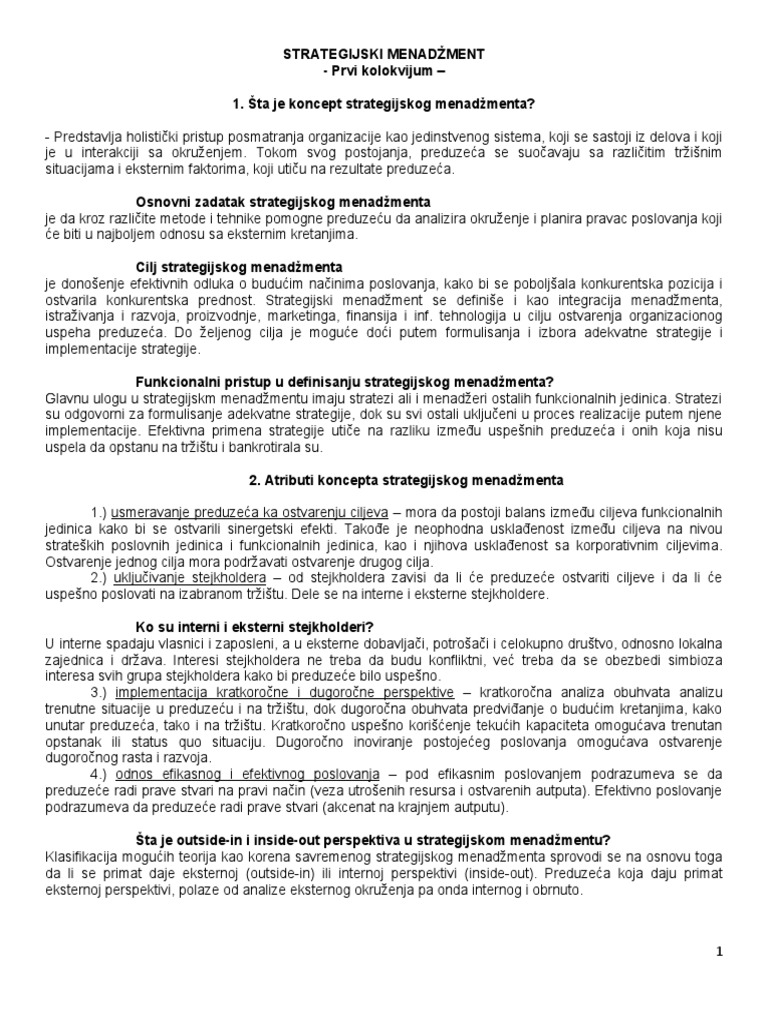 Strategijski Menadžment 1 Kolokvijum | PDF