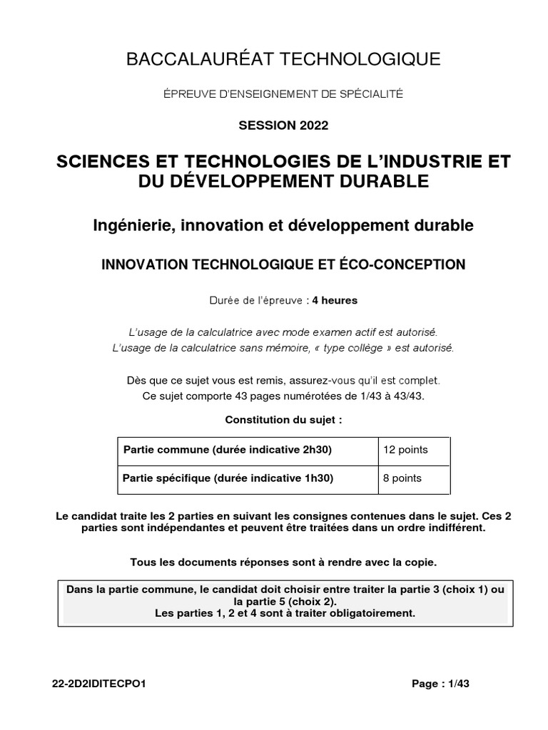 BAC STI2D 2022 - Innovation Technologique Et Éco-Conception Polynésie | PDF | Stockage de l ...