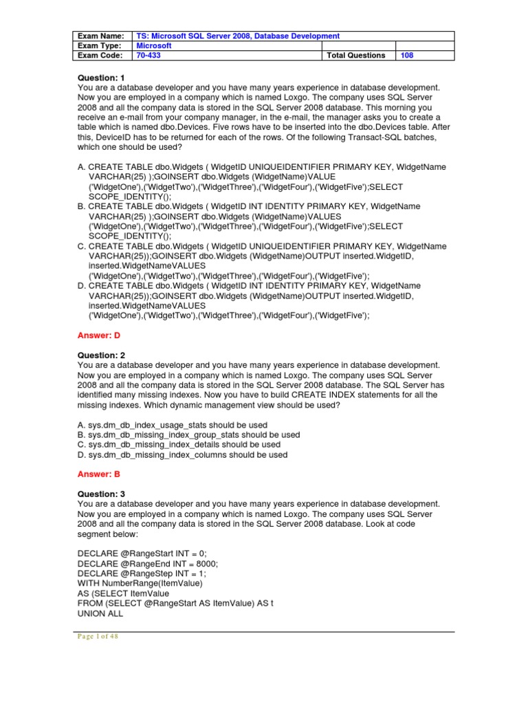 Exam Name: Exam Type: Exam Code: Total Questions | Download Free PDF | Database Index ...