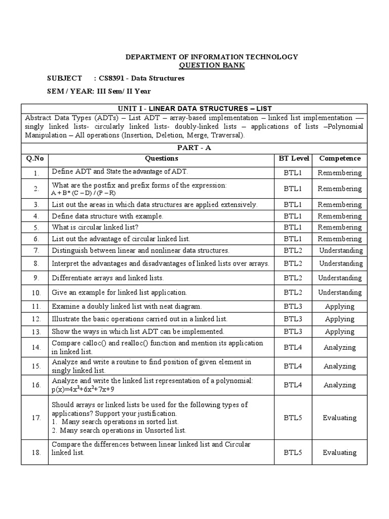 Question Bank Subject: CS8391 - Data Structures Sem / Year: Iii Sem/ Ii Year Uniti | PDF ...
