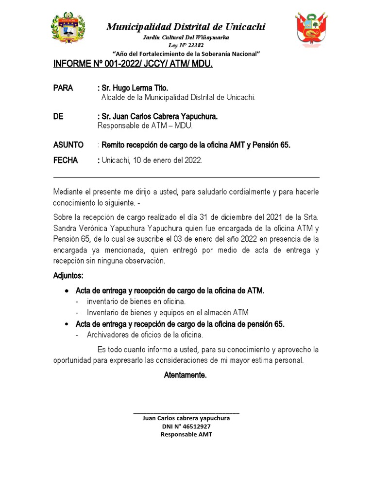 Informe de Recepcion de Cargo de La Oficina de Area Tecnica Municipal Atm | PDF