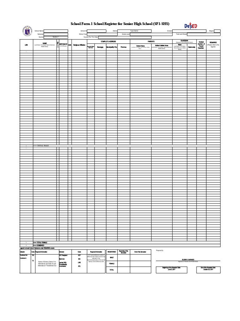 Senior High School Register Form SF1-SHS | PDF | Parenting | Childhood