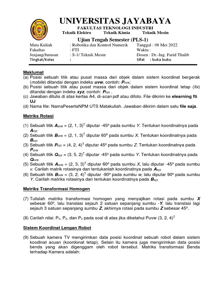 Transformasi Koordinat dan Matriks Rotasi UTS Robotika | PDF