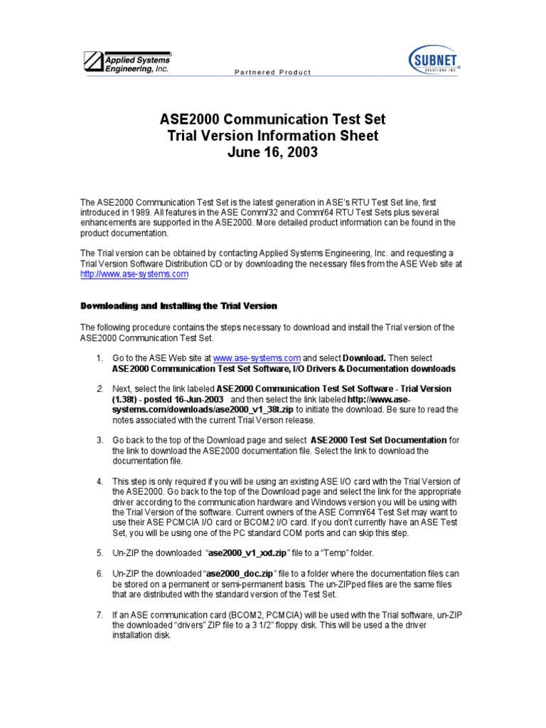 ASE2000 Communication Test Set Trial Version Information Sheet June 16 ...