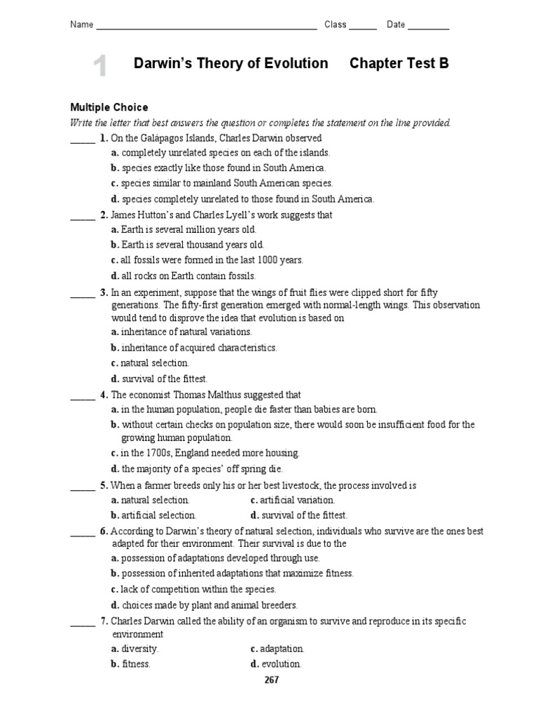 Darwin's Theory of Evolution Chapter Test B: Multiple Choice | PDF ...