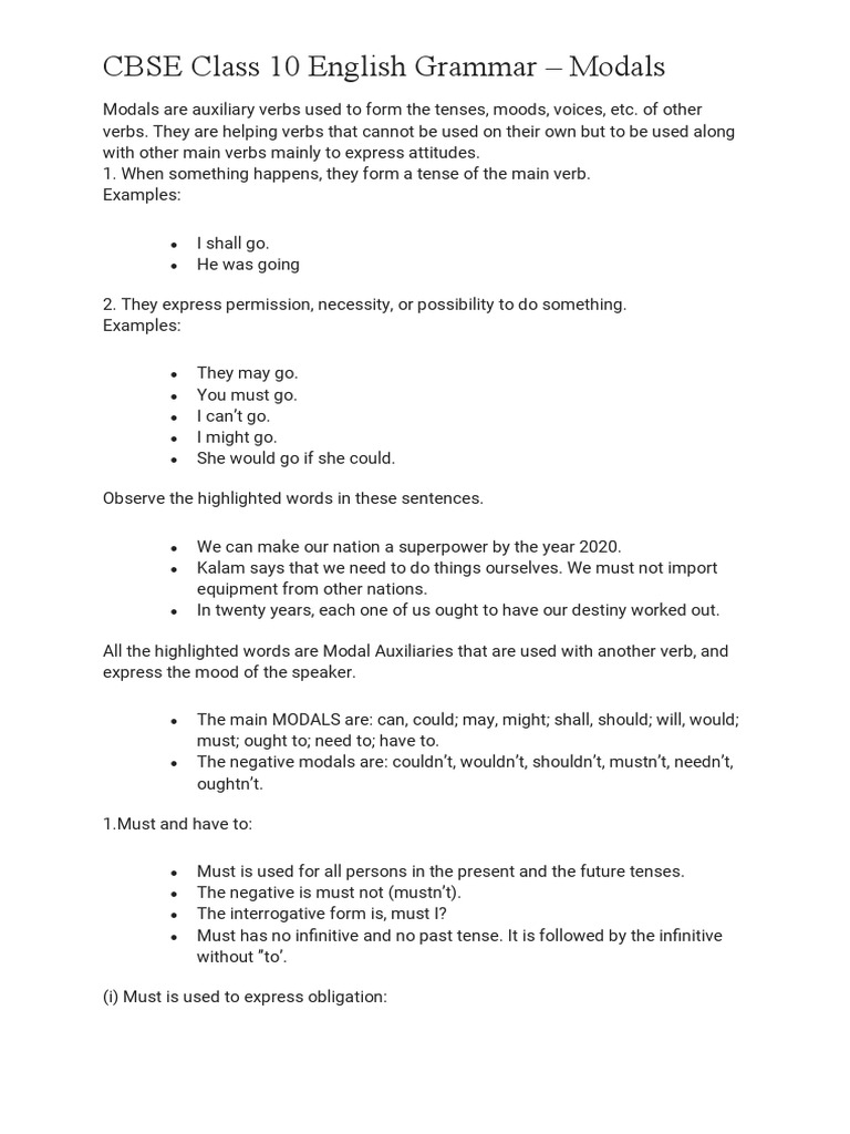 CBSE Class 10 English Grammar - Modals | PDF | Syntax | Language Arts ...