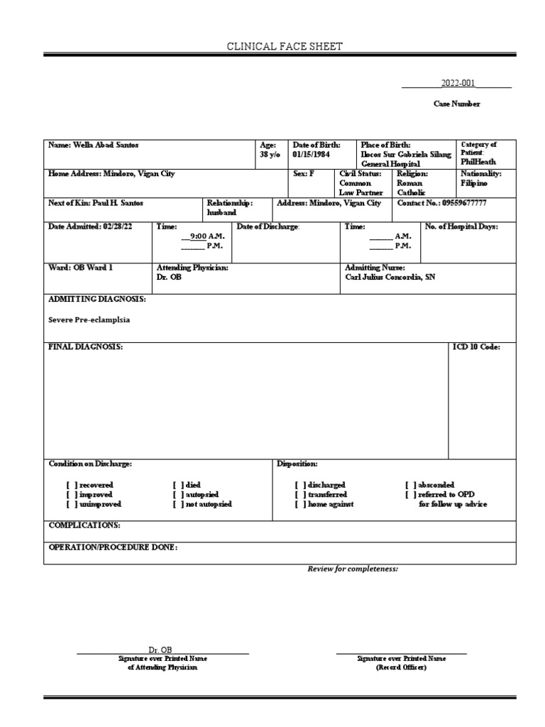 Clinical Face Sheet: Category of Patient | PDF | Miscarriage | Anesthesia