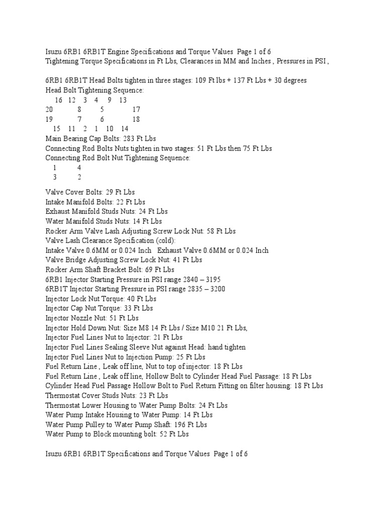 Isuzu 6RB1 6RB1T Specifications and Torque Values - 6 Pages | PDF