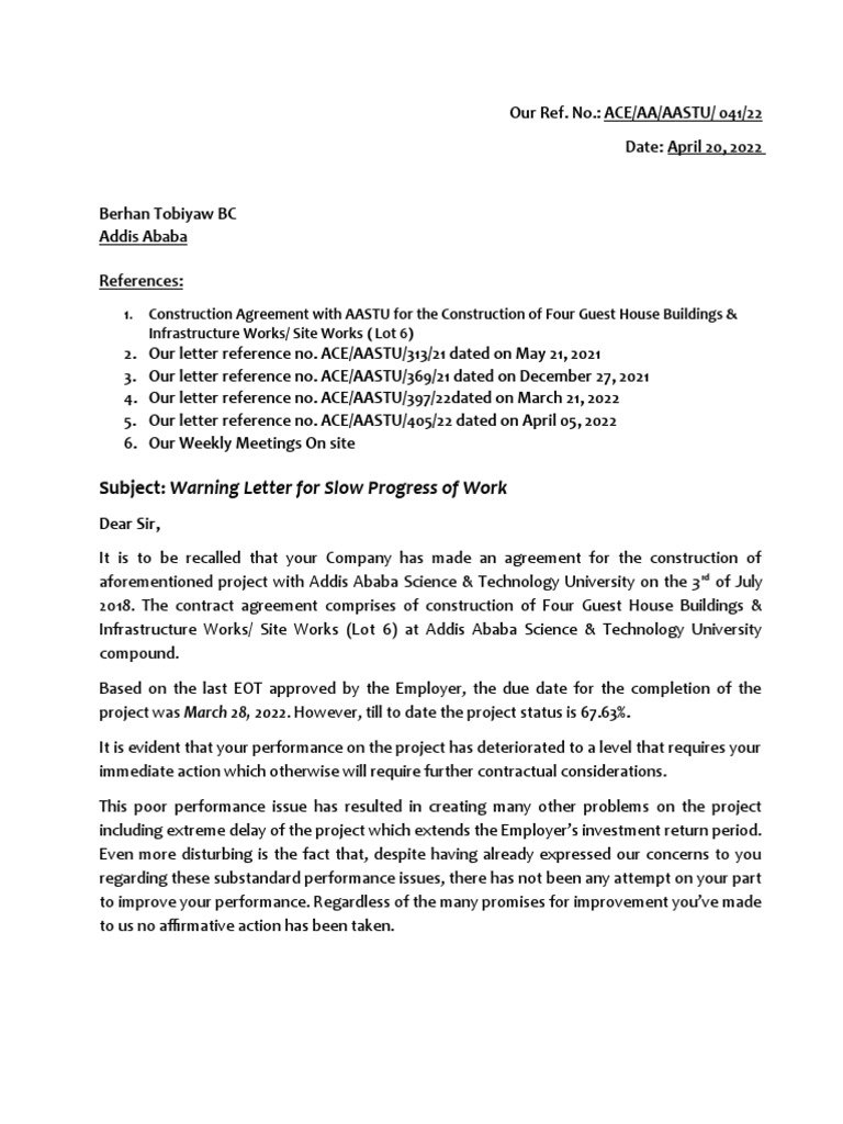 Warning Letter for Slow Construction Progress | PDF | Employment ...