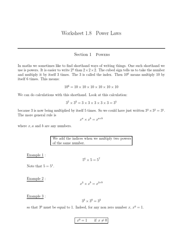 Worksheet 1.8 Power Laws: Section 1 | PDF