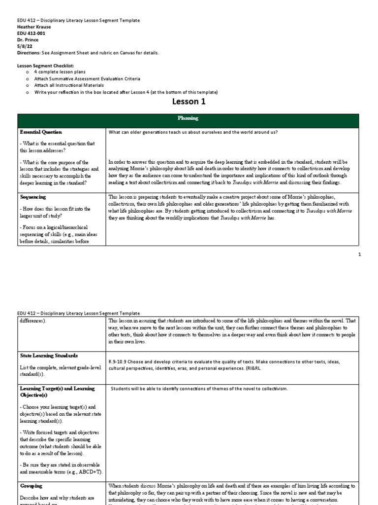 Edu 412 Disciplinary Literacy Unit Plan | PDF | Educational Assessment ...