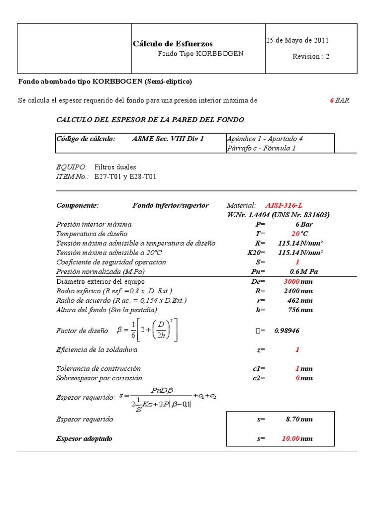 Cálculo Fondo KORBBOGEN Según ASME (Rev 2) | PDF | Ciencia de los ...