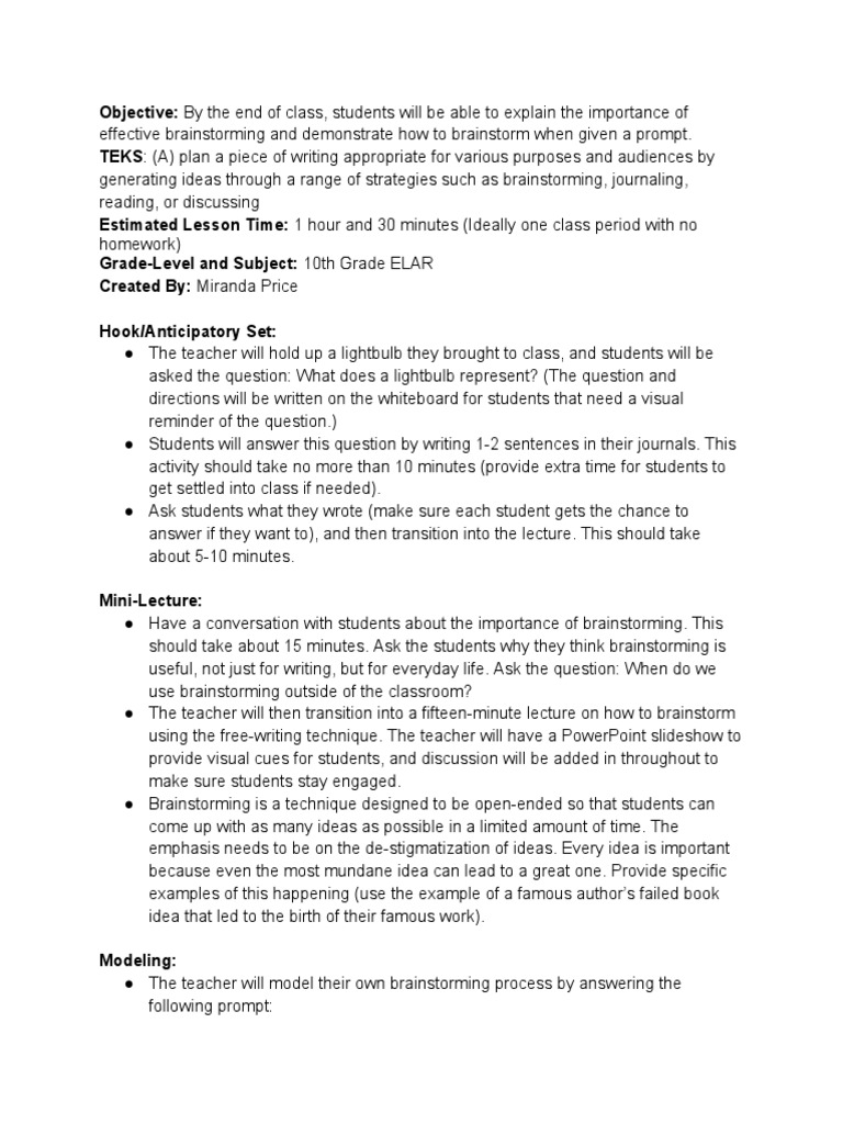 Brainstorming Lesson Plan | PDF