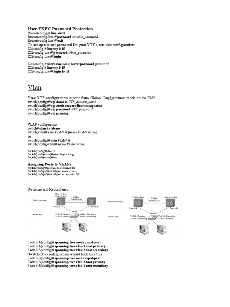 Configuring User EXEC Password Protection, VTY Password, VLANs, Port Assignments, Spanning Tree ...