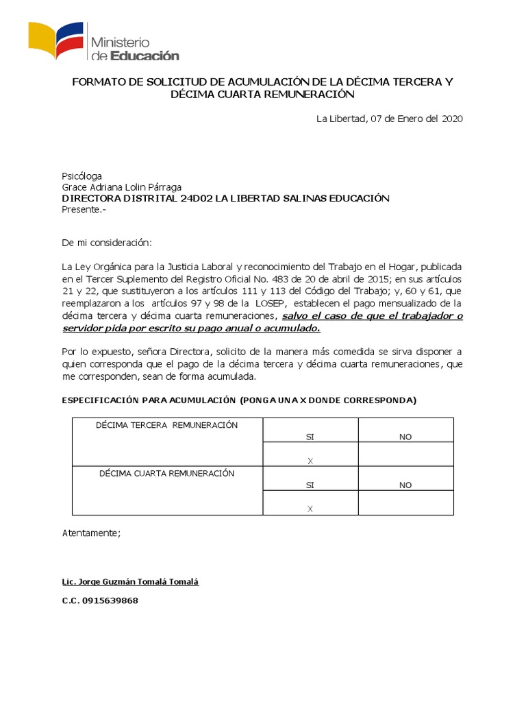 Solicitud de Acumulacion de Los Decimos Terceros y Cuarto Sueldo | PDF Solicitud de Acumulacion de Los Decimos Terceros y Cuarto Sueldo | PDF