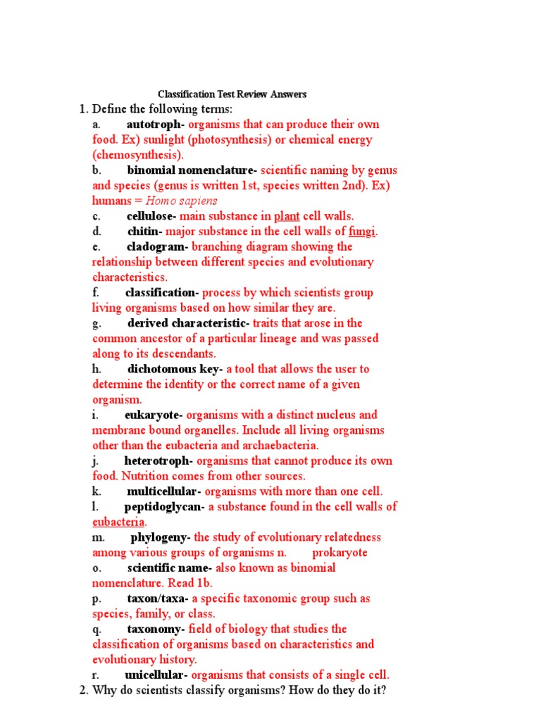 Classification Test Review Answers | PDF | Organisms | Biology