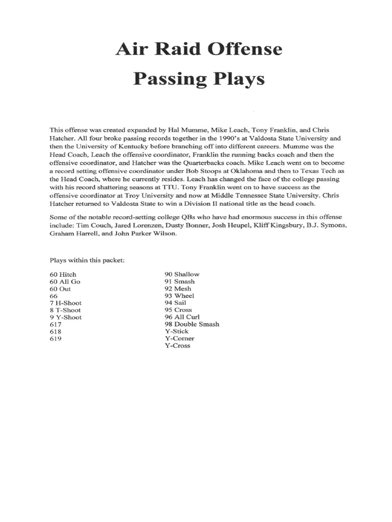 Hal Mumme Air Raid Plays | PDF | College Football | Gridiron Football