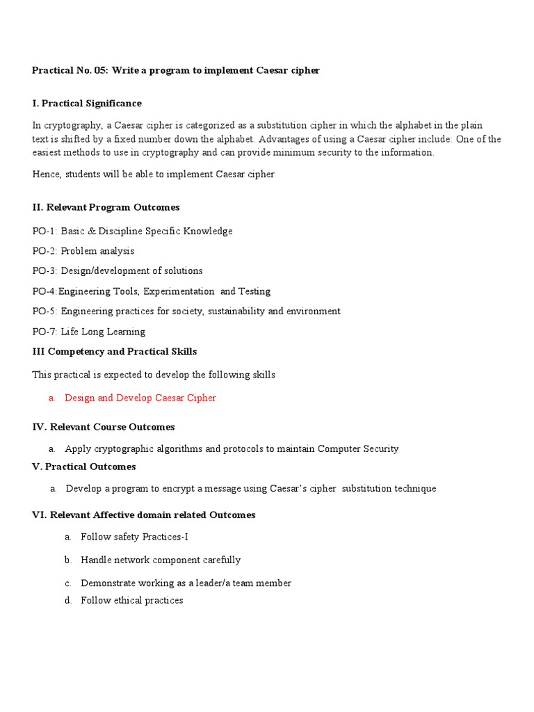 Practical No. 05: Write A Program To Implement Caesar Cipher I. Practical Significance | PDF ...
