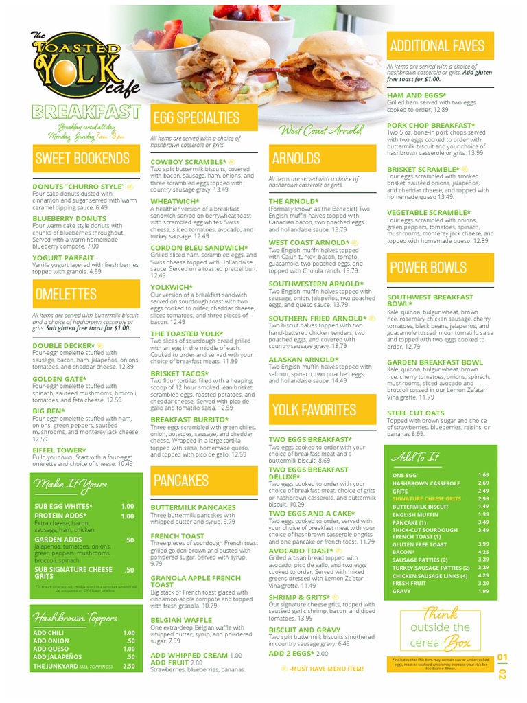 Toasted Yolk Breakfast Menu & Prices | PDF | Sausage | Salad