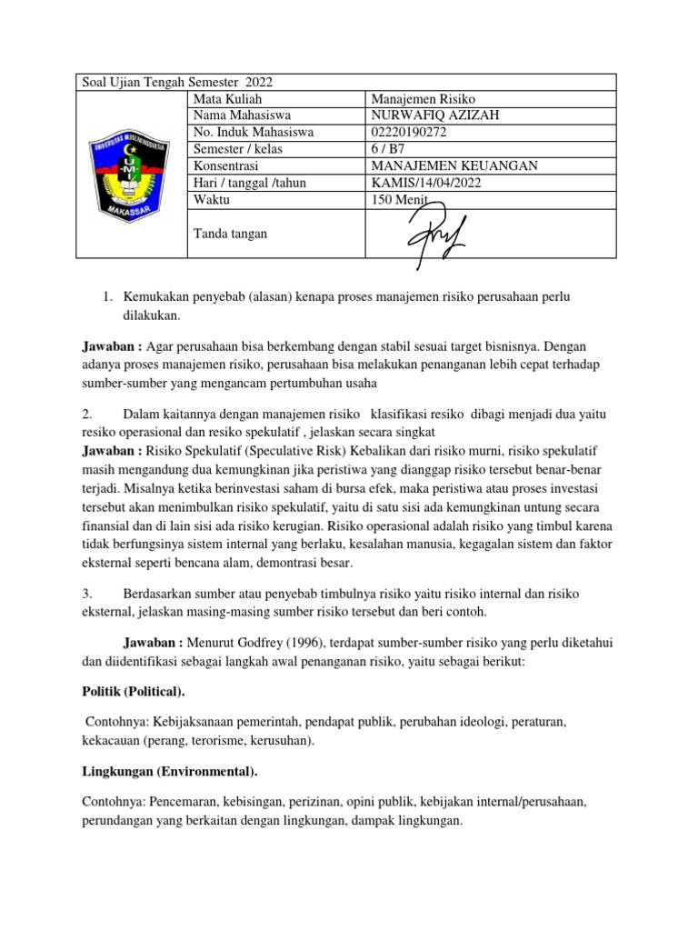 Soal Uts Risk Management (Nurwafiq Azizah) | PDF