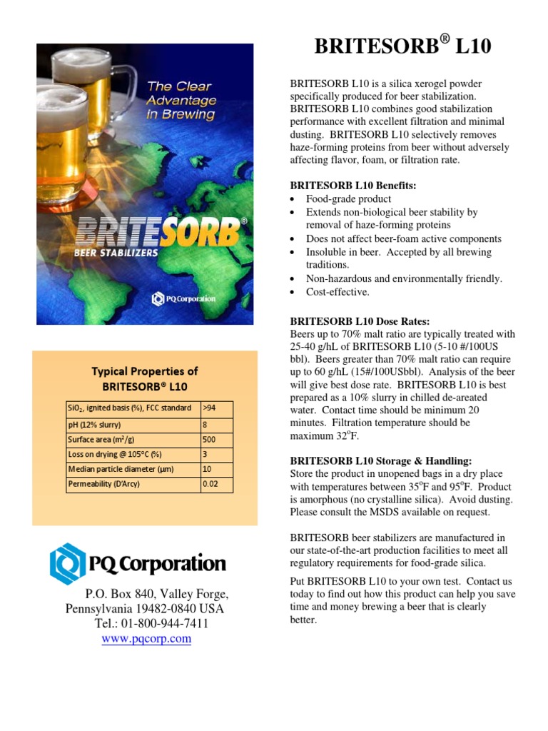 Typical Properties of Britesorb® L10 | PDF | Silicon Dioxide | Beer
