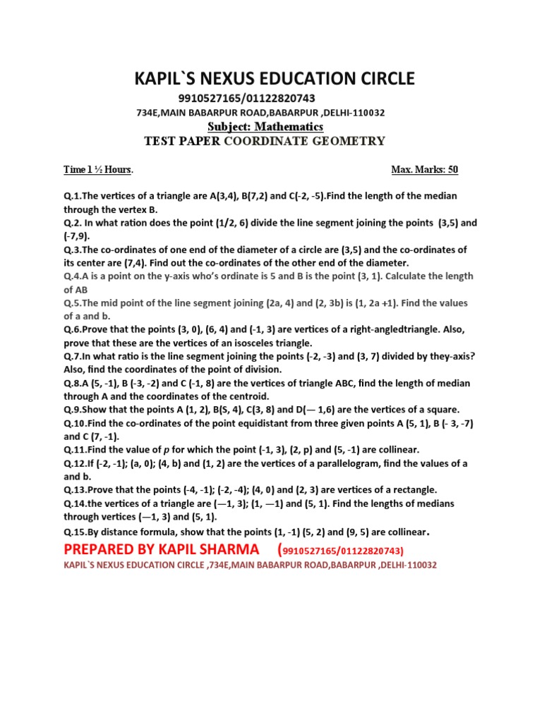 Test Paper Coordinate Geometry Pdf Teaching Mathematics Nature