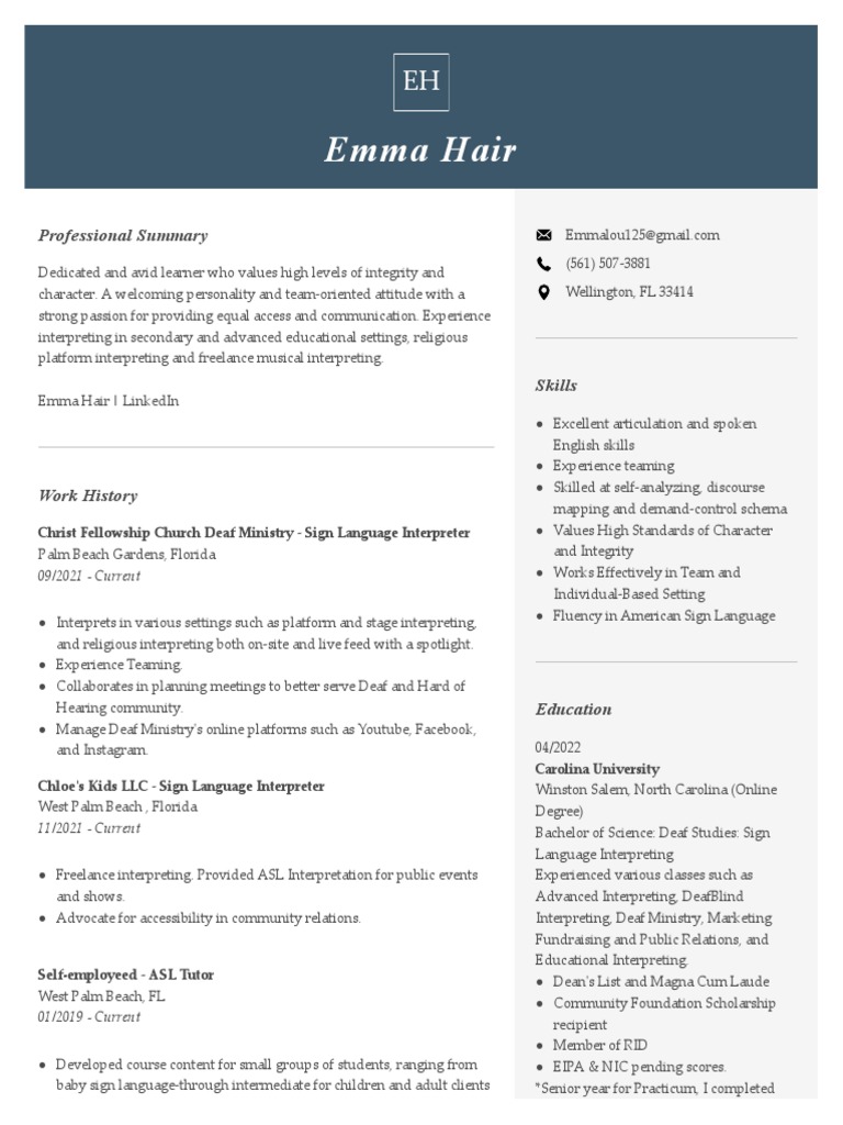 Emma Hair Resume 6 | PDF | American Sign Language | Language Interpretation