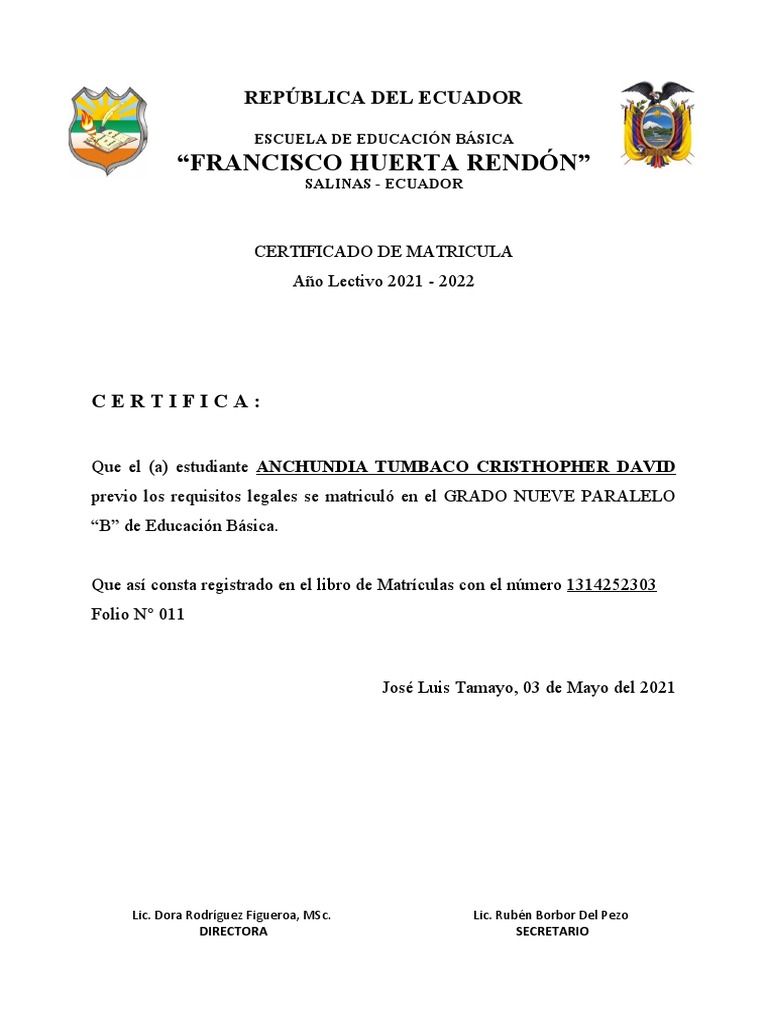 Certificado de Matricula 2020 - 2021 | PDF