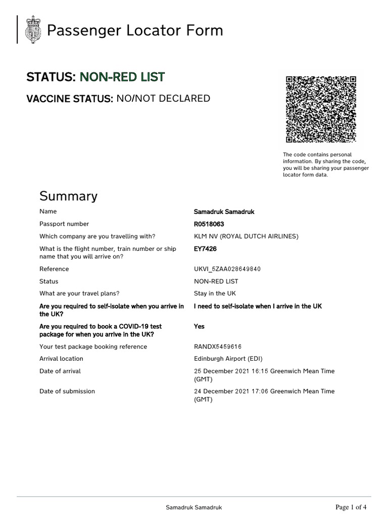 Passenger Locator Form: Non-Red List | PDF | Travel Visa