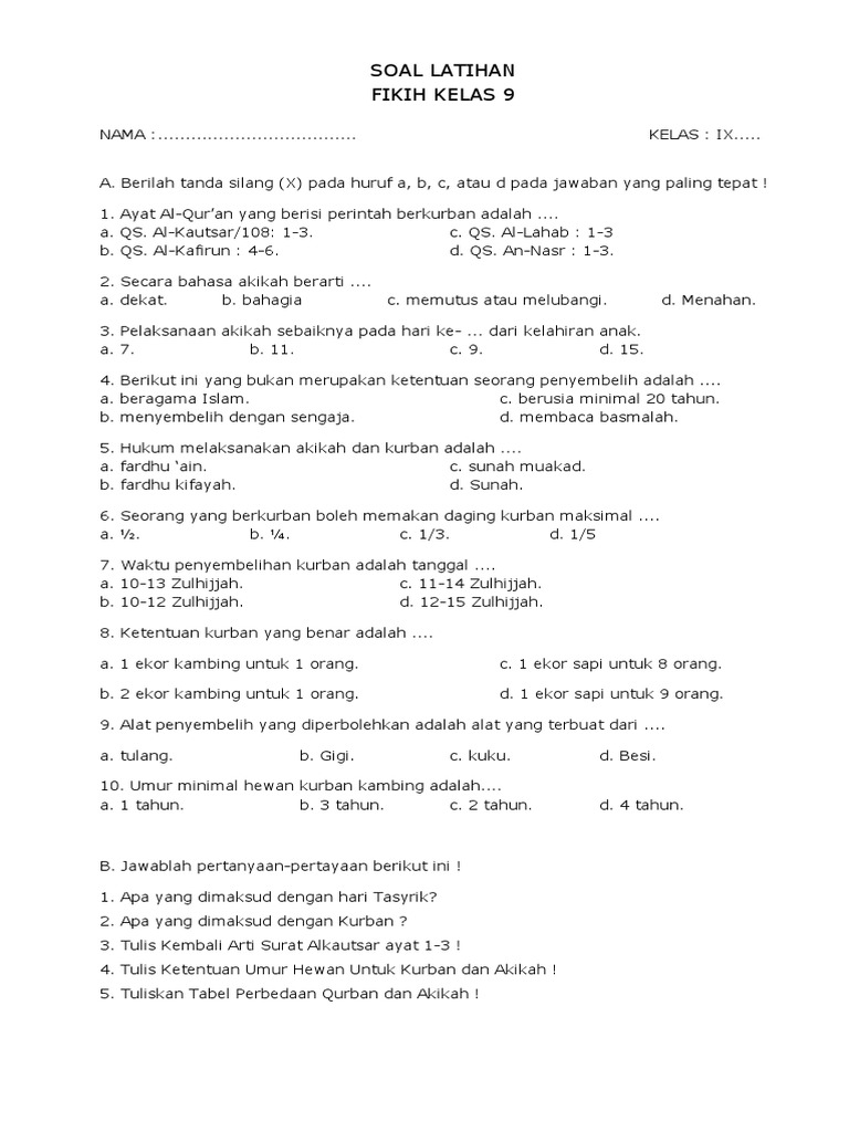 Latihan Soal Bab 1 Fikih Kelas 9 | PDF