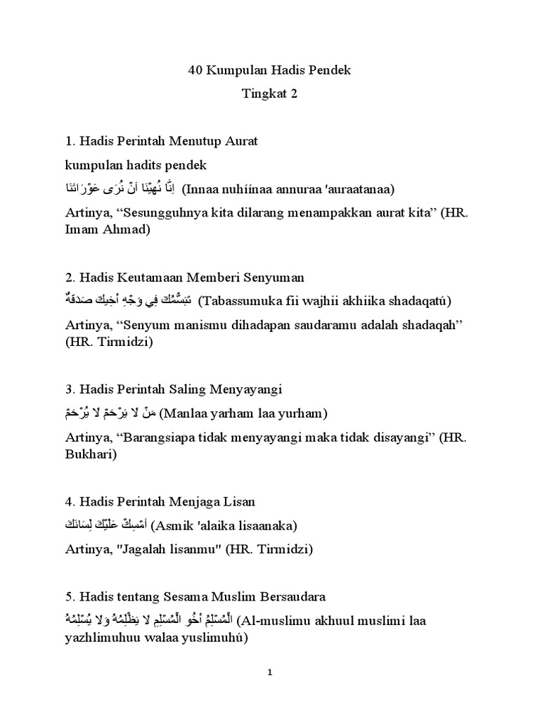 40 Kumpulan Hadis Pendek Tingkat 2: Kumpulan Hadis-Hadis Pendukung Akhlak Mulia | PDF
