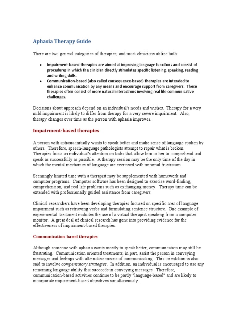 Aphasia Therapy Guide: Impairment-Based Therapies | PDF | Aphasia ...