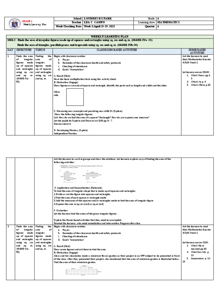 MATH Weekly Learning Plan Q4 Week 1 APRIL 25 - 29, 2022 | PDF | Area | Cognition