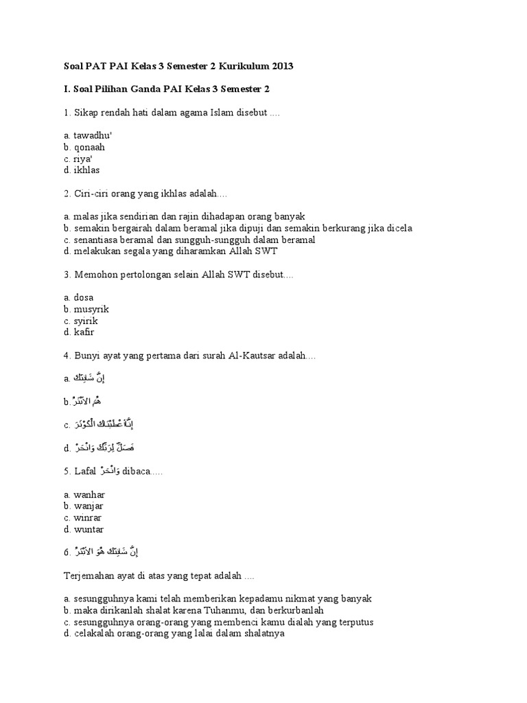 Soal PAT PAI Kelas 3 Semester 2 Kurikulum 2013 | PDF