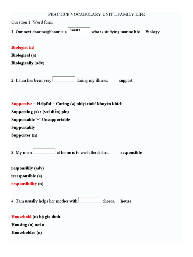 Family Life Vocabulary Practice | PDF | Family | Camera