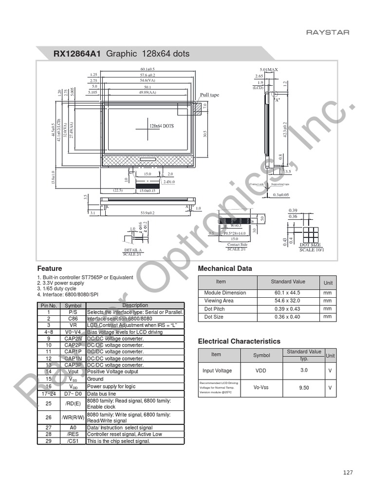 Raystar Optronics, Inc.: RX12864A1 Graphic 128x64 Dots | PDF | Power ...