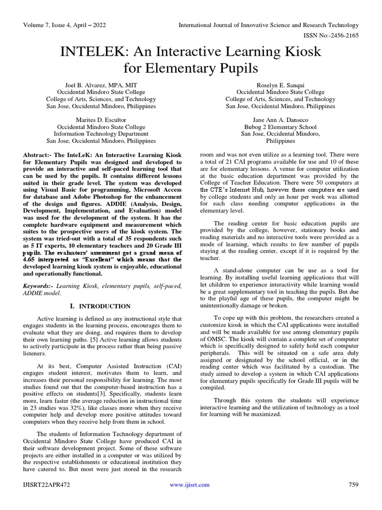 INTELEK An Interactive Learning Kiosk For Elementary Pupils | PDF ...