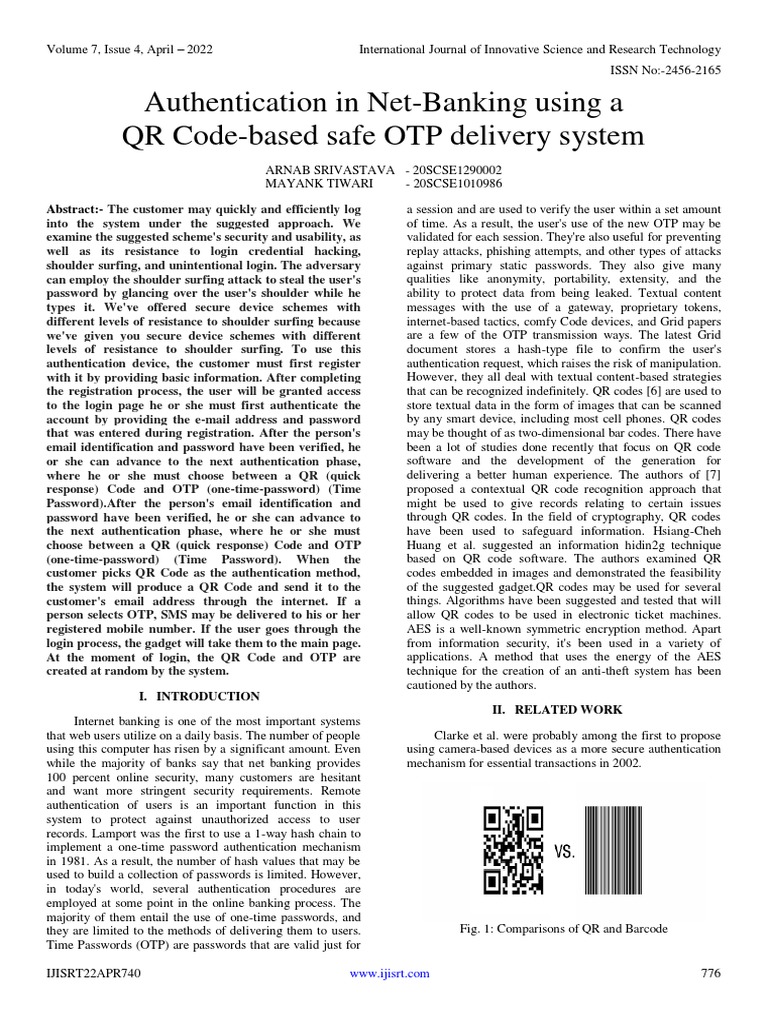 Authentication In Net Banking Using A Qr Code Based Safe Otp Delivery System Pdf Qr Code