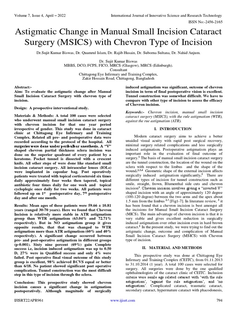 Astigmatic Change in Manual Small Incision Cataract Surgery (MSICS ... Astigmatic Change in Manual Small Incision Cataract Surgery (MSICS ...