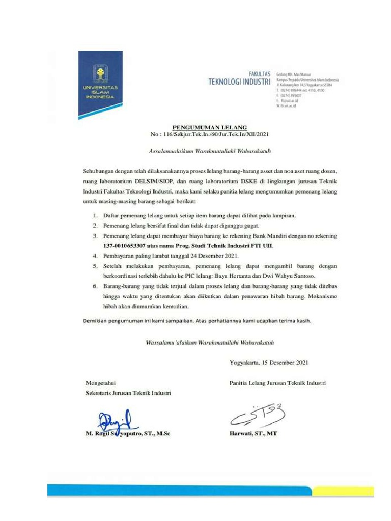 Surat Pemenang Lelang | PDF