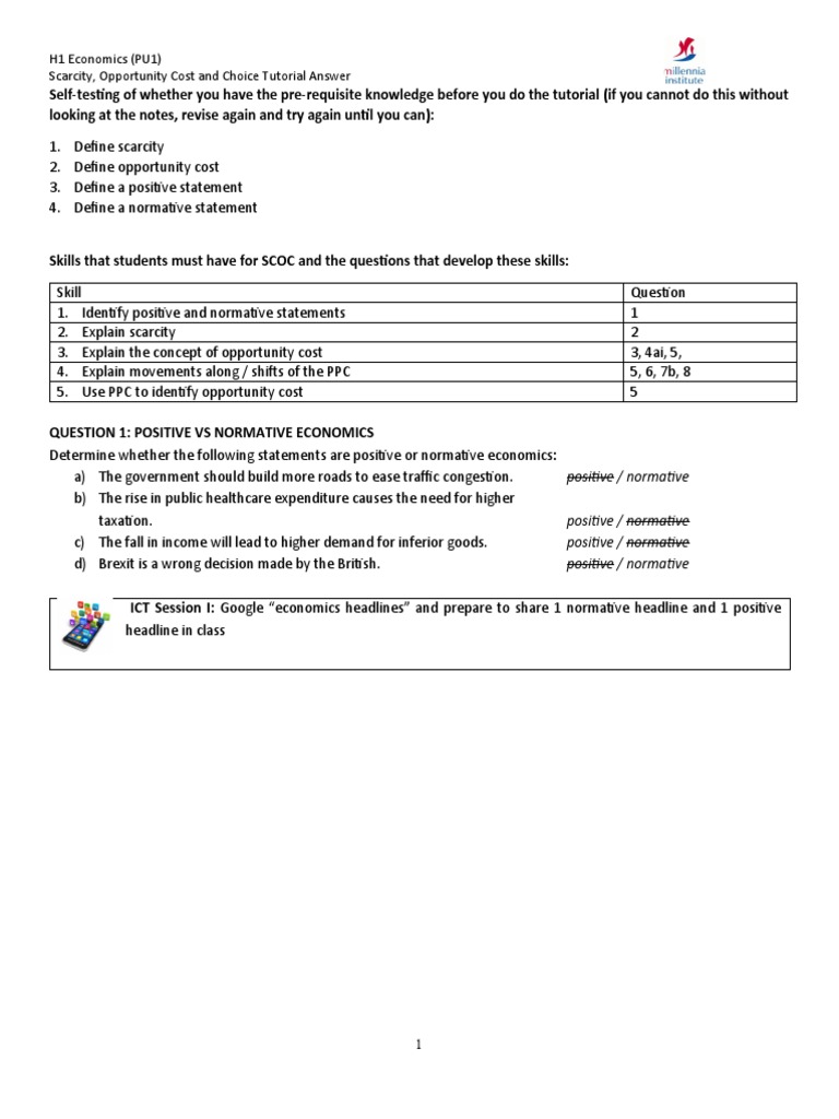 H1 Economics (PU1) Scarcity, Opportunity Cost and Choice Tutorial Answer | PDF | Consumption ...