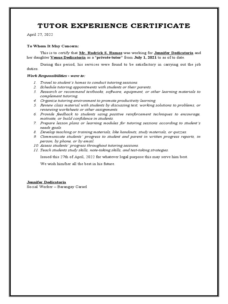 Tutor Experience Certificate | PDF