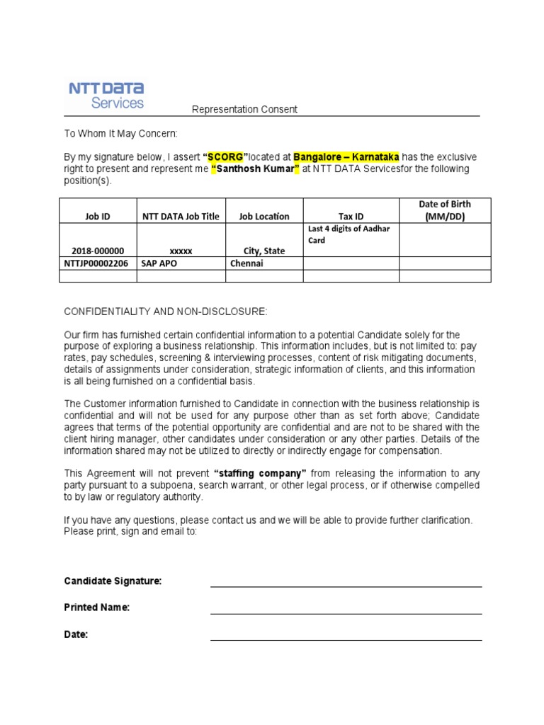 NTT DATA Services Right To Represent Form - India | PDF