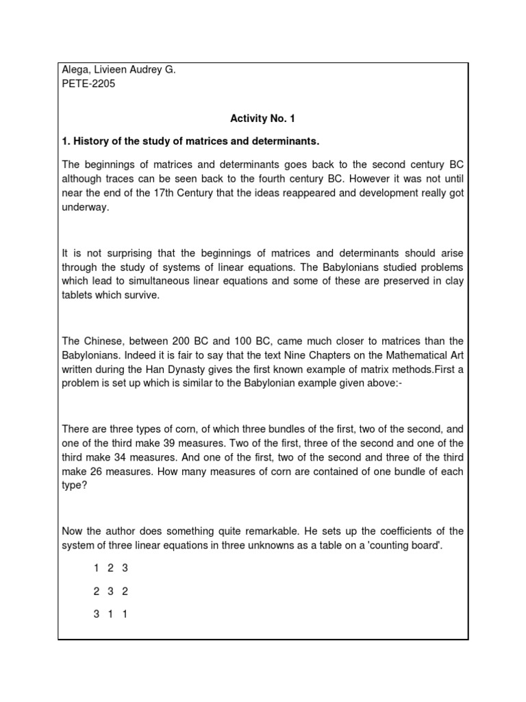 Activity No. 1 1. History of The Study of Matrices and Determinants ...