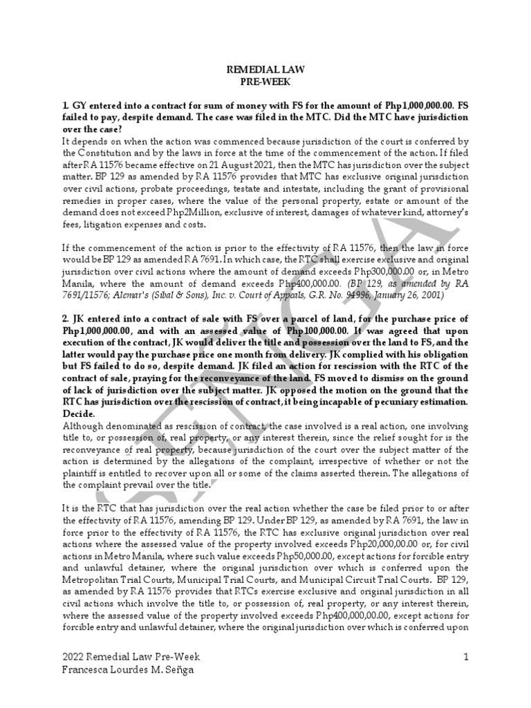 Preweek - Remedial Law - Vice Dean Cheska Senga - Senga Remedial Law Preweek 2022 | PDF ...