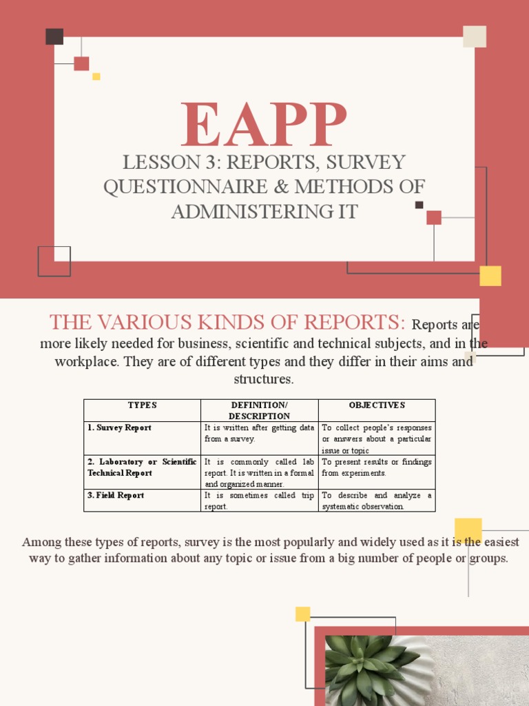Lesson 3: Reports, Survey Questionnaire & Methods of Administering It ...